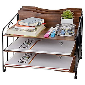 Aimeaihe Wood File Organizer, Metal Desk File Organizer with 3 Paper Letter Trays and 2 Vertical Upright Folder Holders, Desk Organizers and Accessories for Office Home School, Black