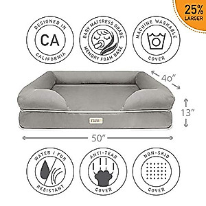 Friends Forever XX-Large Dog Bed, Orthopedic Dog Sofa Memory Foam Mattress, Calming Dog Couch Bed, Wall Rim Pillow, Water Resistant Liner, Washable Cover, Non-Slip Bottom, Chester, XX-Large Grey