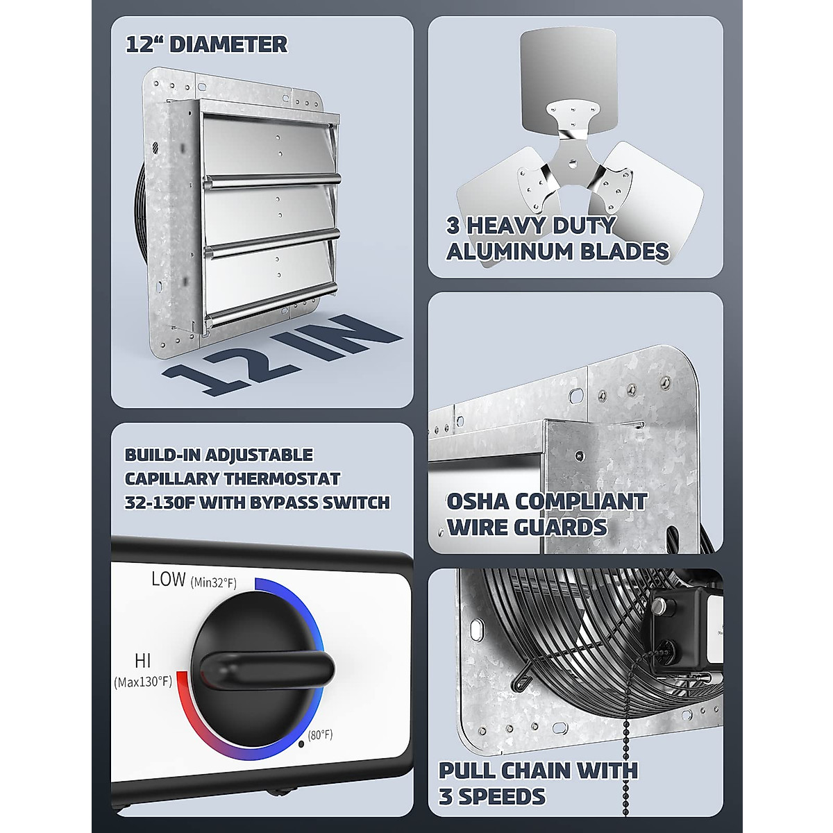 iLIVING 12" Wall Mounted Shutter Exhaust Thermostat Control-3 Speeds Vent Fan For Home Attic, Shed, or Garage Ventilation, 960 CFM, 1200 SQF Coverage Area, Variable, Silver