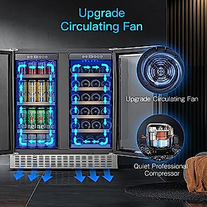 AAOBOSI Wine and Beverage Refrigerator,30 Inch Dual Zone Wine Cooler Built-in or Freestanding-Hold 28 Bottles and 80 Cans Wine Beverage Fridge with Soft LED Light,2 Safety Locks,Stainless Steel