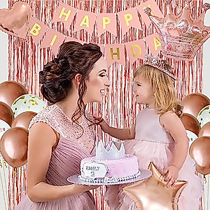 MSMANCY Rose Gold Birthday Decorations for Women Girl 54pcs with HAPPY BIRTHDAY Banner Curtains Bottle Crown Heart Star LED light and Balloons for Birthday Party Supplies (Rose-gold)