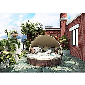 Merax Patio Round Daybed Furniture Set with Retractable Canopy, Coffee Table & Waterproof Cushions, Outdoor Wicker Rattan Sectional Sofa Set for Garden Poolside Backyard Lawn Porch (Beige, 4 Piece)