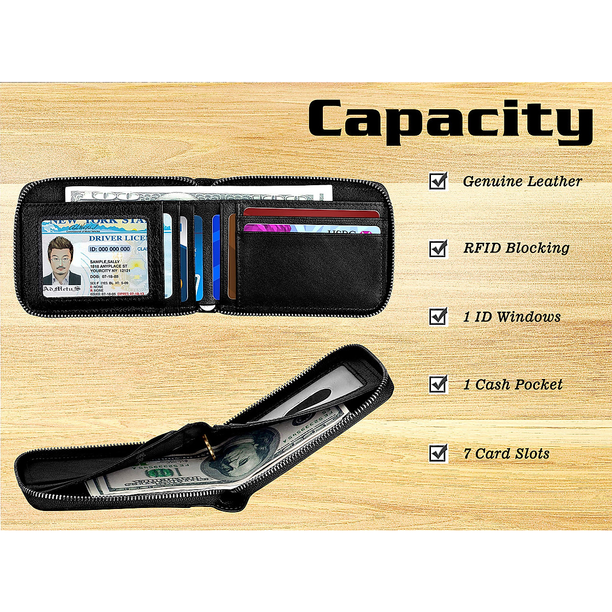 Admetus Men's Zipper Wallet Leather Bifold Wallets Slim RFID Blocking Zip Around Credit Card Holder Compact Small Wallet 2Black