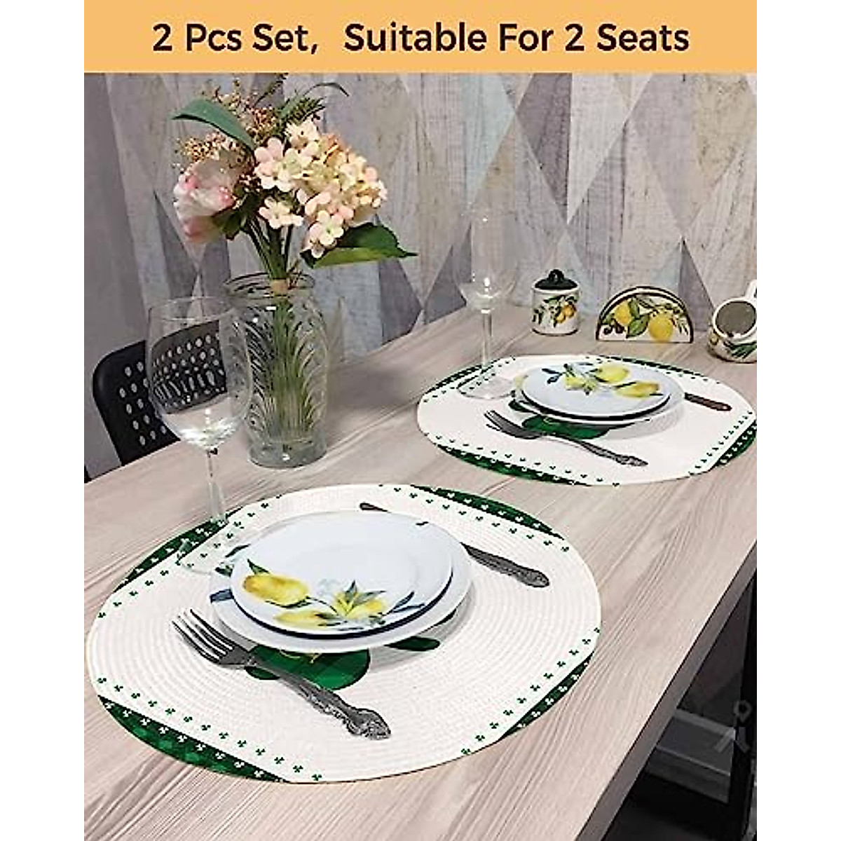 15" Round Braided Placemats Set of 2 St. Patrick Clover Shamrocks Classic Stylish Woven Place Mats Table Mats Set-Thick Heat Resistant Kitchen Trivet Hot Pads Pot Holder for Dining Tables