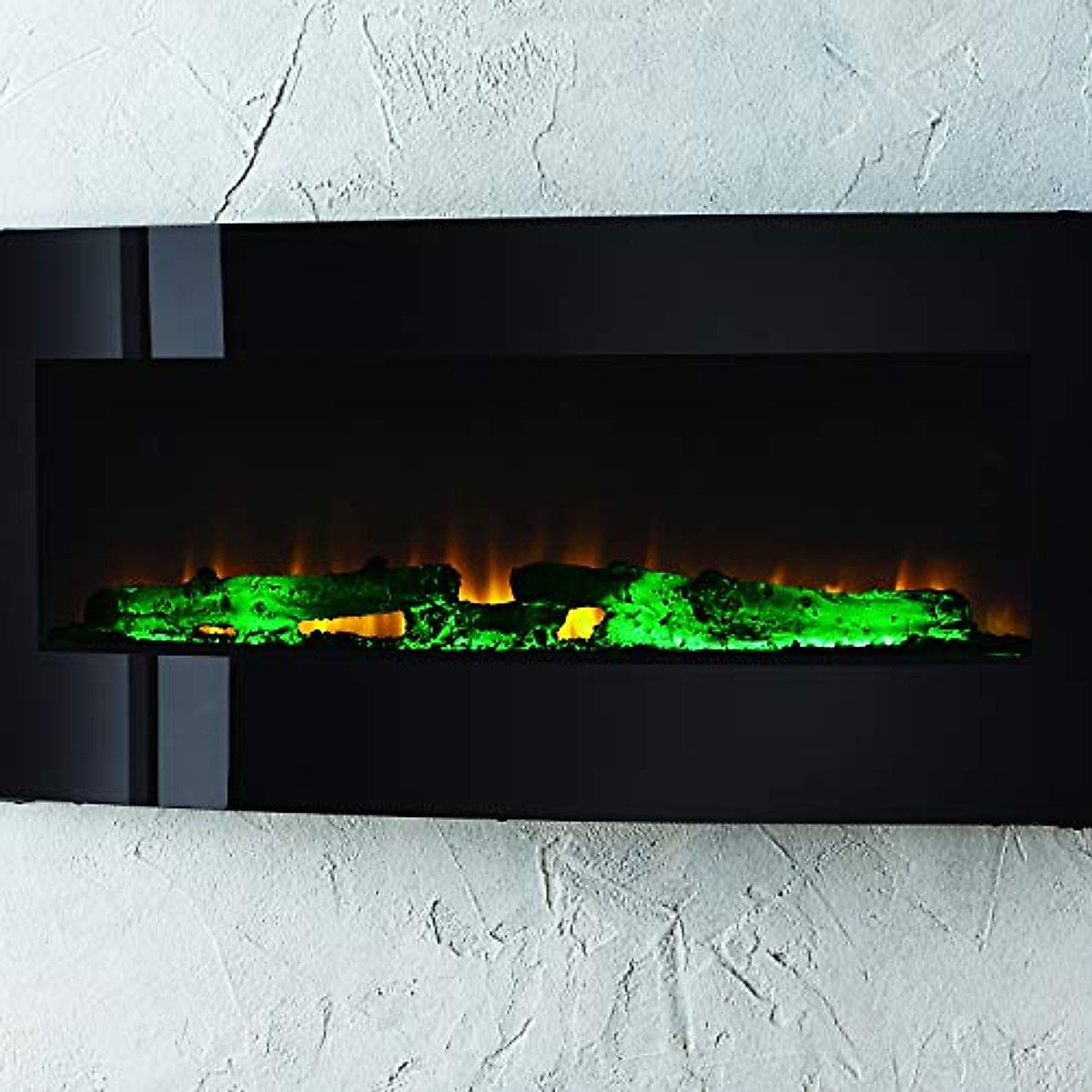 Muskoka 42" Contemporary Curved Front Slim Line Wall Mount Infrared Electric Fireplace, Black Glass