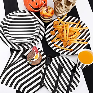 durony 113 Pieces Black and White Striped Party Supplies Table Decorations Includes Paper Napkins Cups Plates Knives Forks Spoons Tablecloth Disposable Tableware Set for Birthday Graduation Wedding
