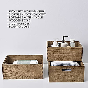 KIRIGEN Nesting Wooden Crates with Portable Handles for Home Organizer - Wood Rustic Decor Farmhouse Boxes/Basket Rolling Trays set of 3 Dark Brown