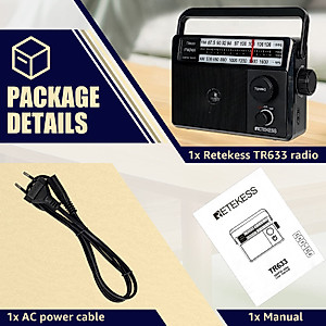 Retekess TR633 AM FM Radios with Best Reception, Portable Radio Plug in Wall, External Antenna Jack, Battery Operated Radio by 4 AA Batteries Or AC Power for Senior, Home
