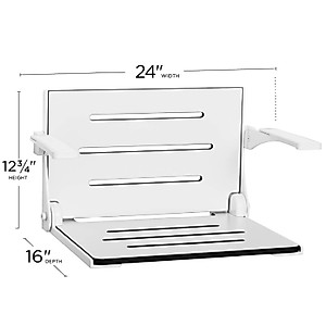 Seachrome Silhouette Comfort Folding Wall Mount Shower Bench Seat with Arms, White Seat with White Frame