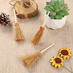 SEWACC 12pcs Mini Broom Decoration Miniature Artificial Straw Brooms Hanging Ornament Halloween Straw Craft Decor Witches Broom for Cosplay Party