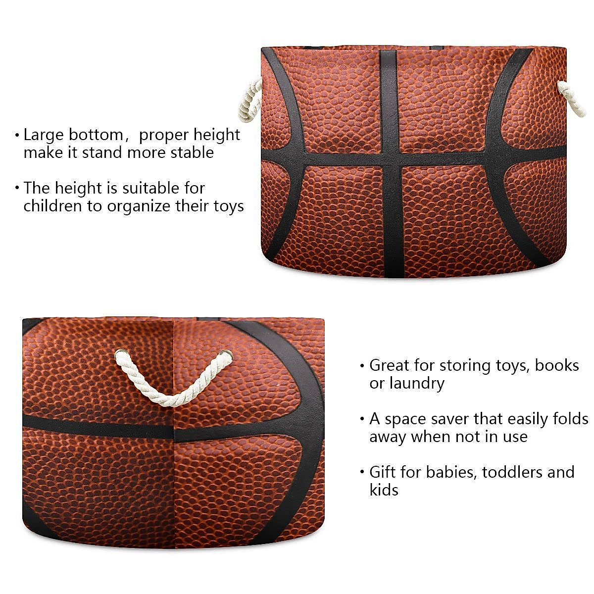 ALAZA Basketball Ball Texture Liner Storage Box Toy Basket Laundry Storage Organizer Bins with Handles Large Baskets for Living Room Nursery Decor