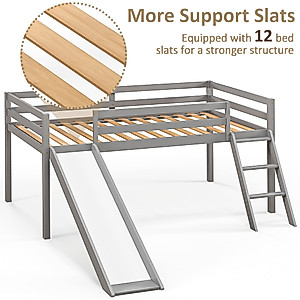Xilingol Low Loft Bed with Slide, Wood Twin Bed Frame with Climbing Ladder for Toddler Kids, Grey