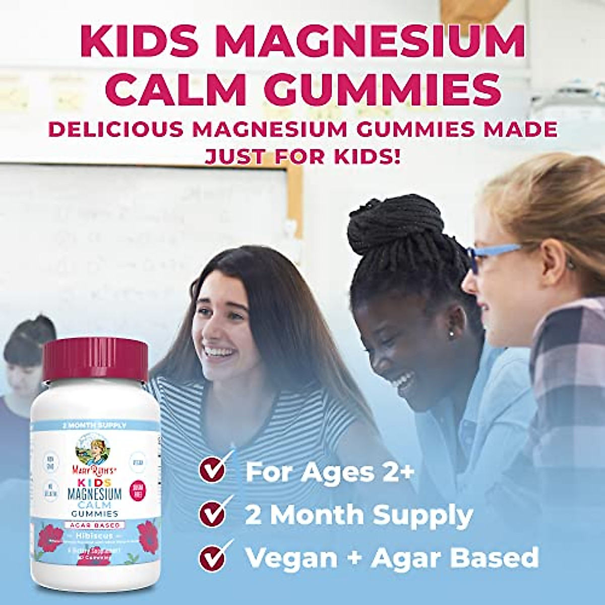 Kids Magnesium Citrate Gummies by MaryRuth's | 2 Month Supply | Sugar Free | Magnesium Supplement | Calm Magnesium Gummies for Kids 2+ | Bone, Nerve, Gut Health | Vegan | Non-GMO | 60 Count