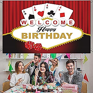 Poker Dice Welcome Happy Birthday Banner Backdrop Background Gamble Casino Theme Decor for Las Vegas Good Luck Party De Casino Night Carnival Adults Birthday Party Favors Supplies Decorations