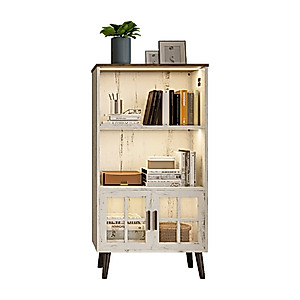 LVSOMT 3 Shelf Bookcase with LED Lights,Book Case with 2 Open Shelves, Storage Cabinet with Door, Human Body Induction Mode, Modern Wood Bookshelf for Bedroom/Living Room/Office, White