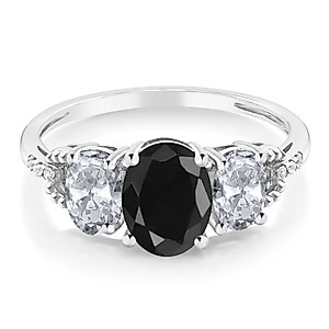 Gem Stone King 10K White Gold Black Sapphire White Topaz and Diamond Accent 3-Stone Engagement Ring | 2.71 Cttw | 3 Stone Wedding Anniversary Promise Ring For Women (Size 8)