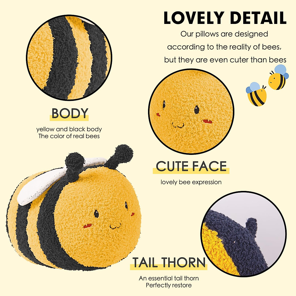 ARELUX 10in Soft Bee Stuffed Animal Plush Toy Cute Fuzzy Bumblebee Plushies Doll Realistic Cartoon Honeybee Anime Pillow Room Decor Birthday for Kids Friends Boys Girls