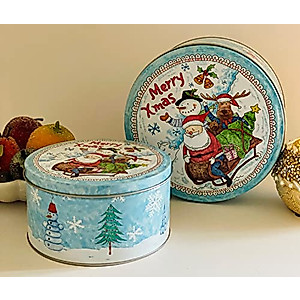 HADAAYA Round Merry Xmas Christmas Decorative Holiday Gifting tins, Set of 2. watercolor painted look with Santa, Snowman & Reindeer moose with Xmas tree