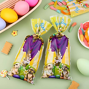 Fovths 100 Pack Easter Treat Bags Plastic Easter Candy Bags, Inspiring He is Risen Sign Clear Cellophane Candy Treat Bags with 100 Piece Gold Twist Ties for Easter Theme Bible School Party Favors
