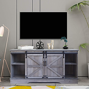 GHQME Sliding Barn Door Farmhouse TV Stand，58 Inch Storage Table，Wood Universal Stand，Living Room Storage Shelves Entertainment Center (Gray MI)