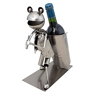 BRUBAKER Wine Bottle Holder 'Frog' - Table Top Metal Sculpture - with Greeting Card