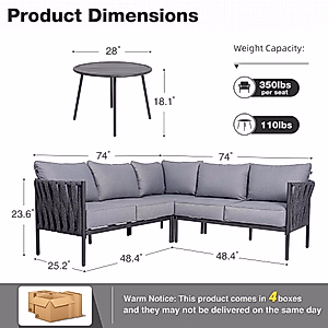 COMLAX FIELD Outdoor Patio Furniture, 6 Pieces Outdoor Sectional L-Shaped Sofa Patio Conversation Sets, Patio Furniture Set with Thick Cushions and Coffee Table for Garden, Poolside, Backyard, Grey