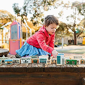 THE FRECKLED FROG My Little Town - Set of 20 - Ages 1+ - Wooden Blocks for Toddlers - Includes Bakery, Hospital, Supermarket and More - Double-Sided