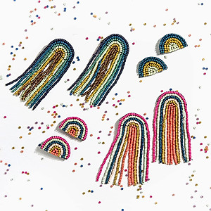 INK + ALLOY Women's Skylar 2.25-Inch Rainbow Fringe Beaded Boho Earrings Handmade Jewelry for the Modern Bohemian (Teal Navy)