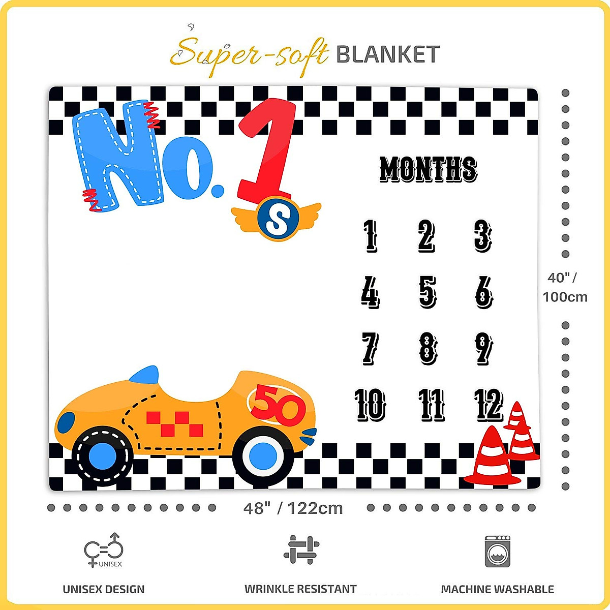 LUCKBTY Racing Car Milestone Blanket, Growth Chart Blanket for Baby Boy and Girl, Memory Blanket for Baby Shower, Month and Age Blanket, Photography Backdrop Photo Prop 48"x40" BTZDLU129