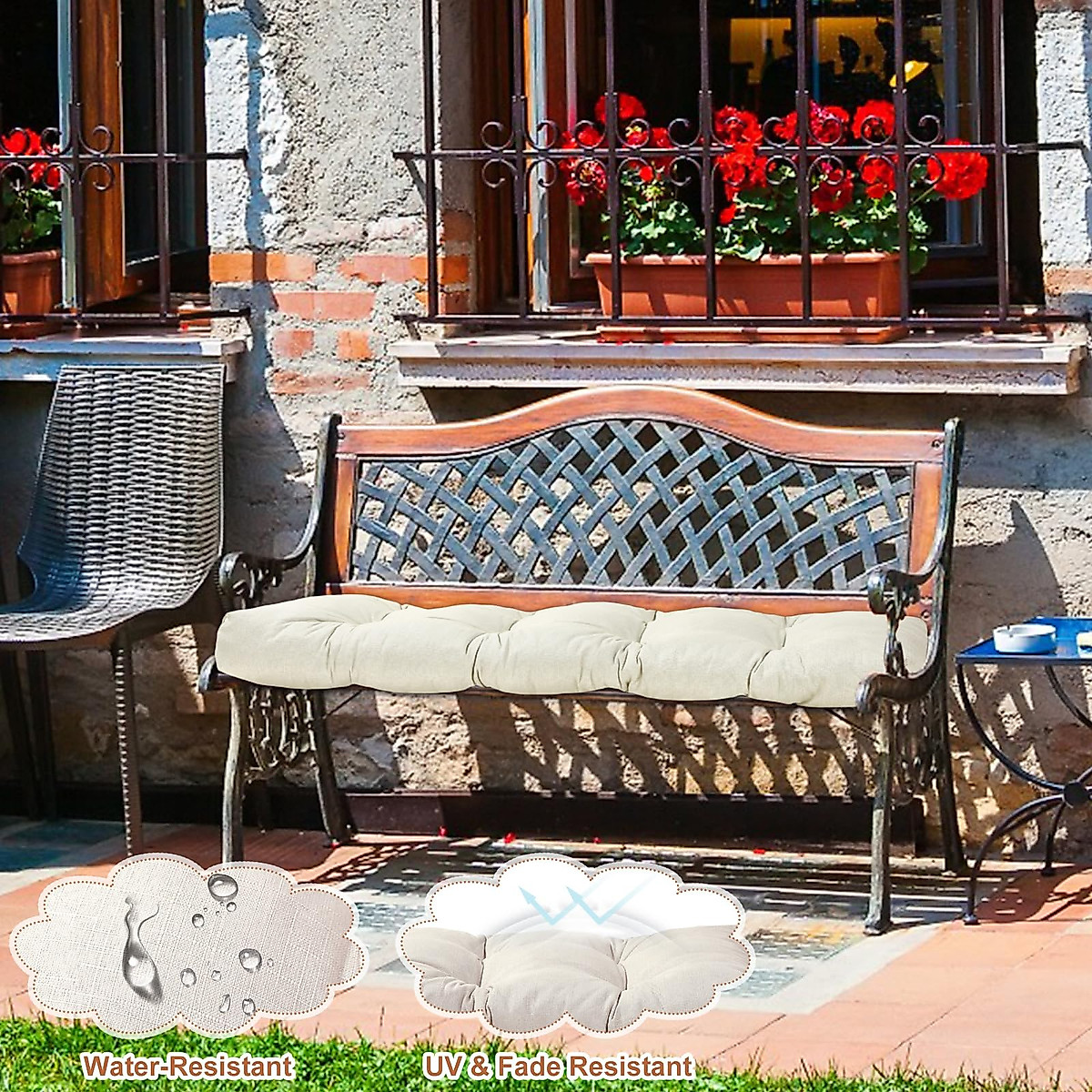 Drydiet 2 Pack Bench Cushions Non Slip Memory Foam Bench Cushion Water Resistant Outdoor Patio Bench Cushion Durable Thicken Bench Seat Pads 42x16x4 Inch Indoor Porch Wicker Sofa Swing Cushion (Beige)