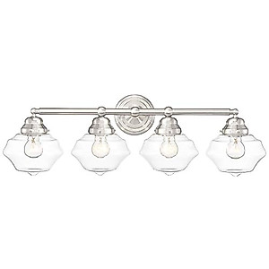 Possini Euro Design Astrid Modern Wall Mount Light Brushed Nickel Silver Metal Hardwired 30 3/4" Wide 4-Light Fixture Schoolhouse Clear Glass for Bathroom Vanity Mirror House Home Room Decor