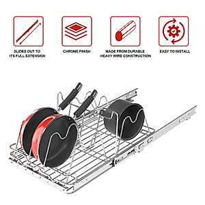 BONADOM 1 Tier Pull Out Pot and Pan Organizer Under Cabinet Kitchen, Slide Out Cookie Shelf Cutting Board Bakeware and lids Tray Storage 11''W x 21''D x 8.5''H- Sliding Pan and Pots Lid Holder