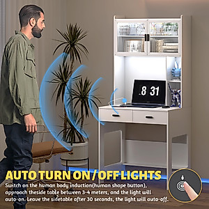 LVSOMT Home Office Desk with Hutch, Modern Computer Gaming Desk with LED Lights & Power Outlets, White Study Table with Storage Shelves, Teen Writing Desk for Bedroom, 31.5'' W