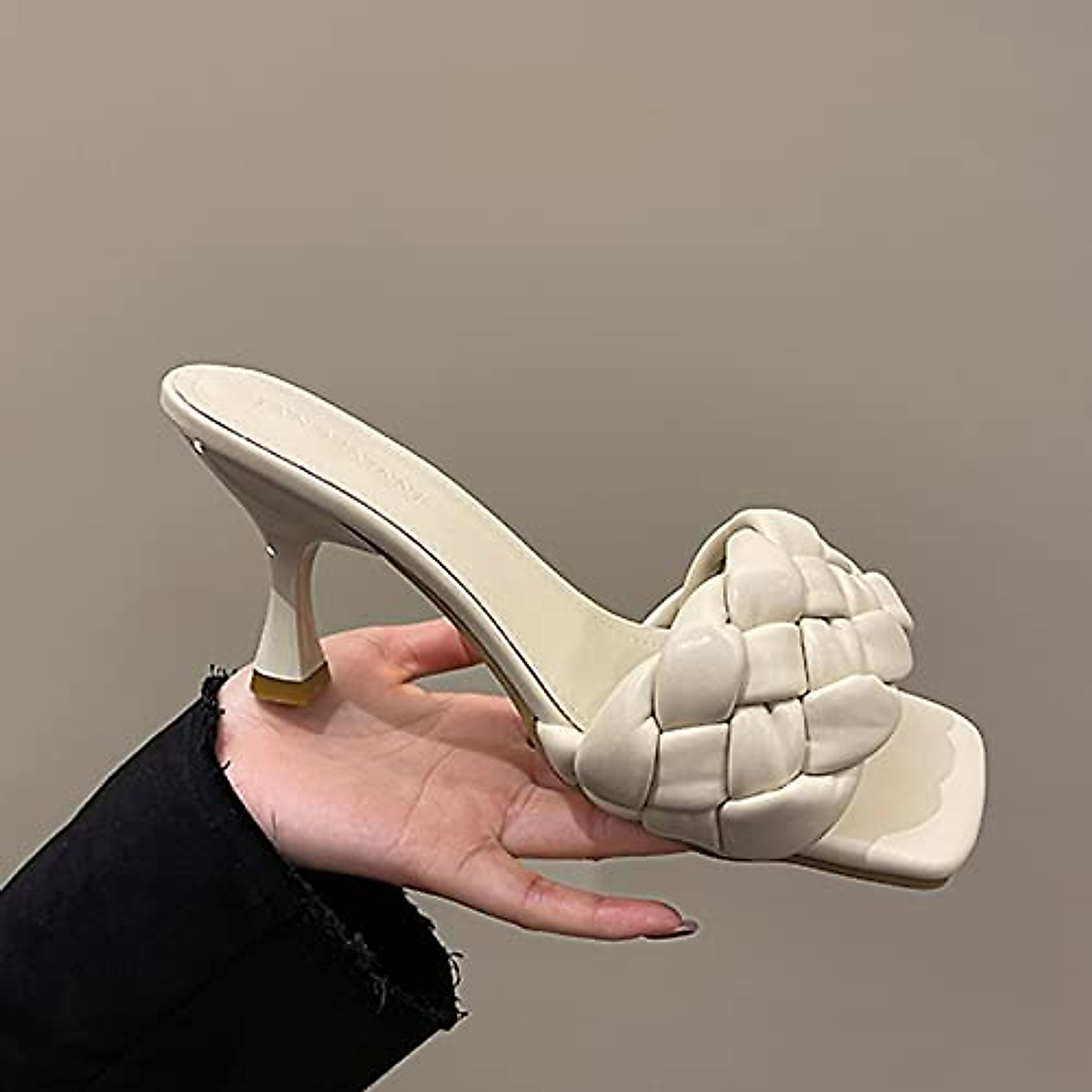 Women’s Square Open Toe Stiletto Heels Braided Sandals Slip On High Heel Quilted Leather Sandals Fashion Sexy Casual Slides shoes(Beige,39)