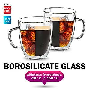 [12 Oz, 2Pack] Large Clear Glass Coffee Mugs Double Wall Insulated Glass Tea Cups with Handle Perfect Latte Cappuccino Heat Resistant , Dishwasher and Microwave Safe, 2 Count (Pack of 1)