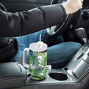Slewiaeky Tumbler with Handle 40 oz Plant Palm Leaf Cool Travel Mug with Lid and Straw Green Stainless Steel Vacuum Insulated Water Bottle Cup for Iced Tea Coffee Cold Beverages Cup Holder Friendly