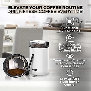 Kaffe Coffee Grinder Electric - Spice Grinder w/Cleaning Brush, Easy On/Off - Perfect for Espresso, Herbs, Spices, Nuts, Grain - 3.5oz / 14 Cup (Blade Grinder, White)