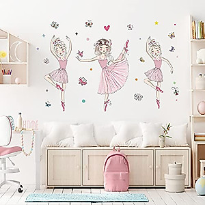 3 Pink Ballerina Baby Girls Wall Stickers, ULENDIS Removable Lovely Ballet Girls with Butterfly Wall Decals, Little Princess Wall Art Decor for Girls Bedroom Living Room Dance Room