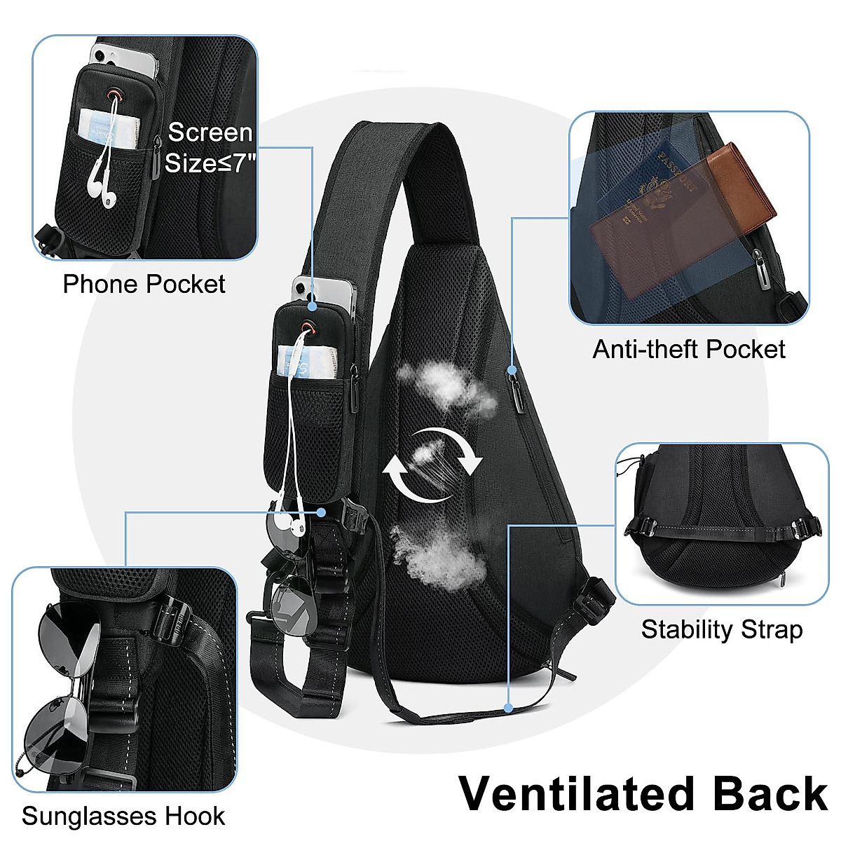 TUDEQU Sling Bag Crossbody Sling Backpack with USB Charging Port, Water Resistant Shoulder Bag Outdoor Travel Hiking Daypack with Wet Pocket Men Women