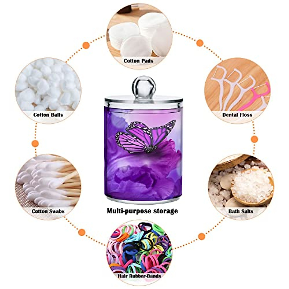 JUMBEAR 2 Pack Purple Butterfly Qtip Holder Dispenser with Lid, 14 oz Clear Plastic Apothecary Jar Set for Bathroom Vanity Organizers Storage Containers