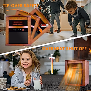 Air Choice Infrared Space Heater, 1500W Electric Heater for Indoor Use, Remote & 3 Modes, Adjustable Thermostat, 12H Timer, Child Lock, Wood Cabinet Heater with Overheat & Tip-Over Protection, Walnut