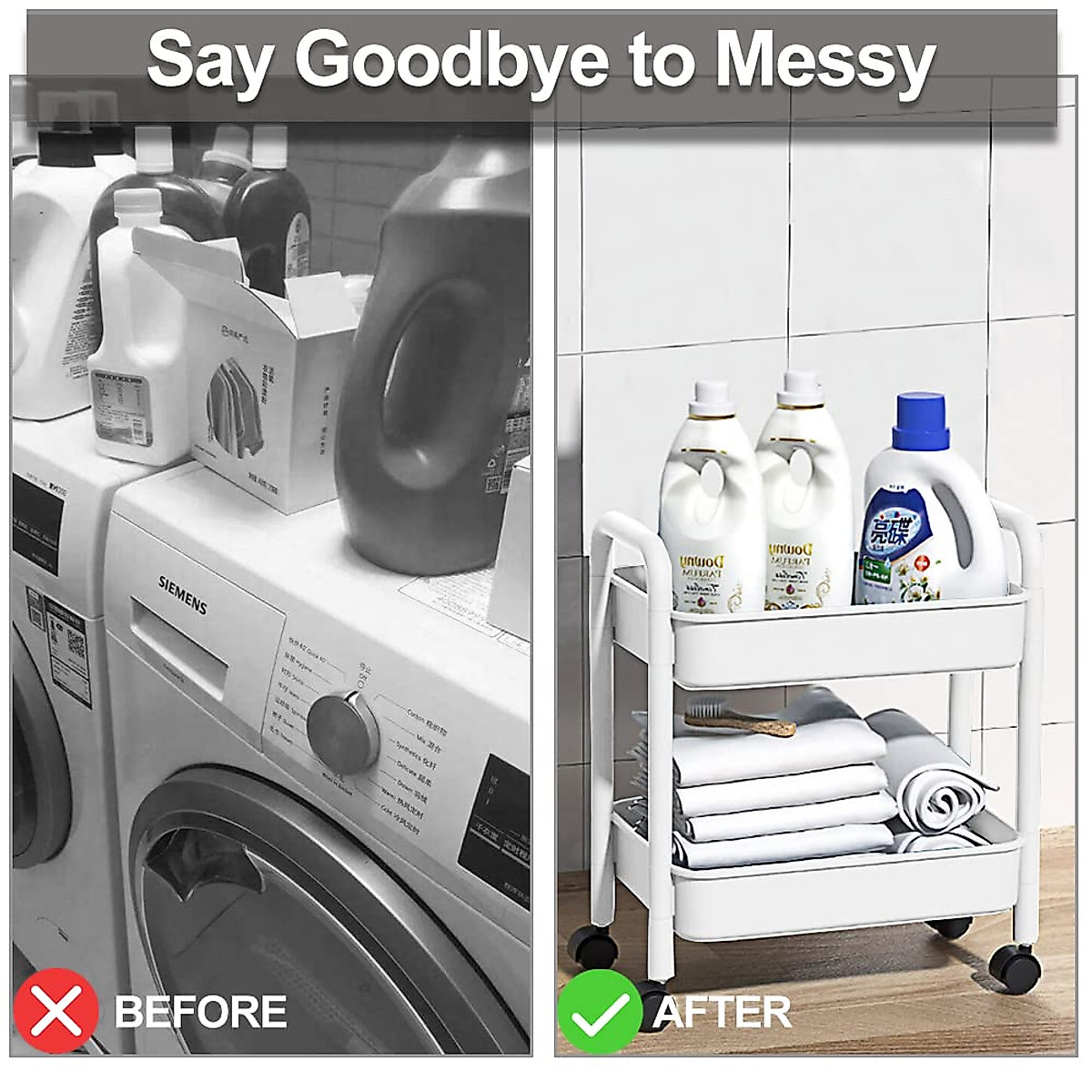 2-Tier Utility Rolling Cart Storage Organizer Sofa Side Table with Wheels, Under Desk Mobile Trolley Organizer with Handle for Office Home Kitchen Organization, White