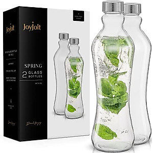 JoyJolt Glass Water Bottles - 2pc Glass Water Bottle Set. 32 oz Water Bottles, Clear Glass Bottles with Lids (Stainless Steel, Leakproof Seal). 1 Liter Water Bottles for Juicing or Iced Tea Bottle