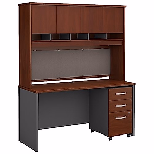 Bush Business Furniture Series C Office Desk with Hutch and Mobile File Cabinet, 60W x 24D, Hansen Cherry