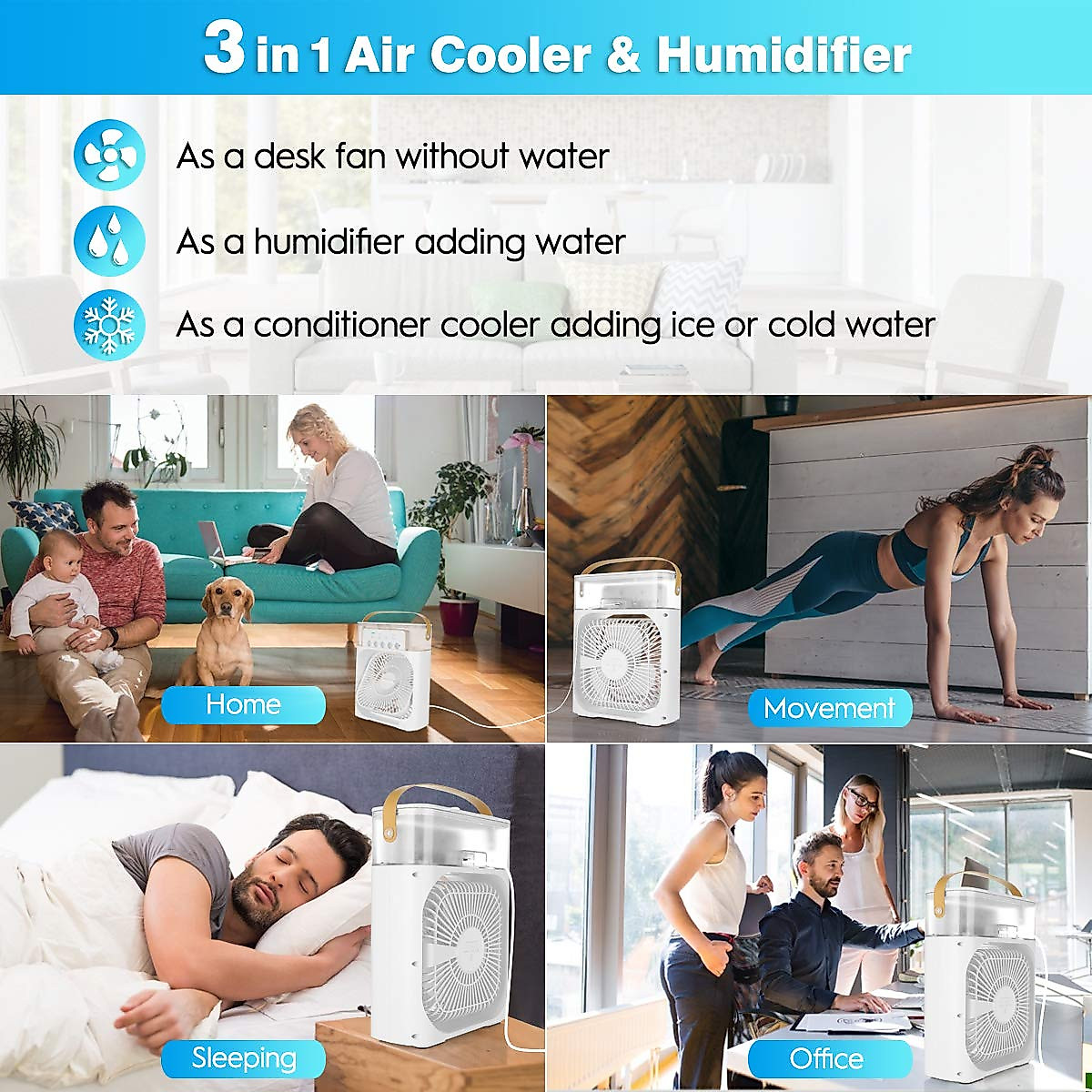 Portable Air Conditioner Fan,900ML Personal Air Conditioner with Ice Tray,5in1 Timming Evaporative Air Cooler,Cooling Fan with 7 Colors Light, 5 Sprays,3 Speeds,Ac Fan for Small Room,Office,Car,Camp (White)