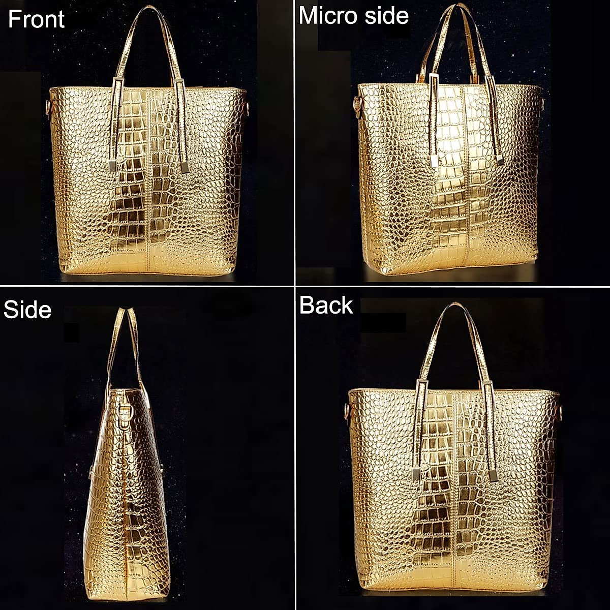 XingChen 3-PC Women PU Handbag+Shoulder Bag+Clutch Crocodile Pattern Top Handle Fashion Satchel Tote Purse Black