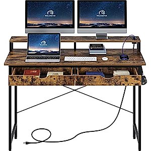 Rolanstar Computer Desk with 2 Drawers and Power Outlet, 47" Home Office Writing Desk with Monitor Stand, Workstation Table with Stable Metal Frame, Rustic Brown