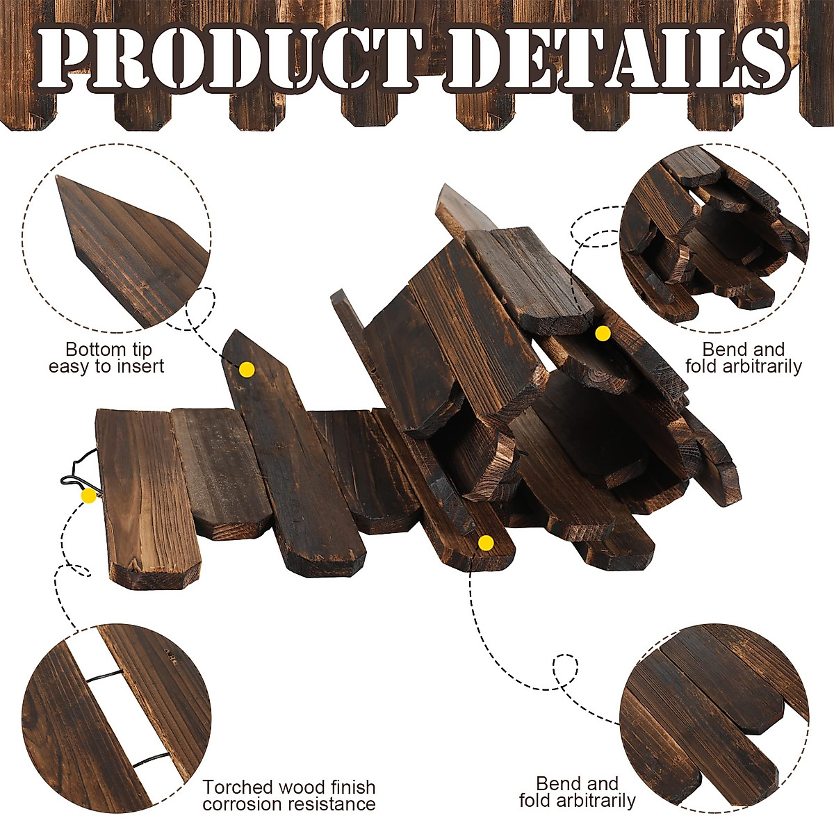 Bucherry 1 Pc Wood Garden Edging Border No Dig Landscape Edging Anti Corrosive Lawn Picket Fence with Gloves Decorative Flower Bed for Yard Patio Pathway Tree Outdoor 7.9 x 47 Inches