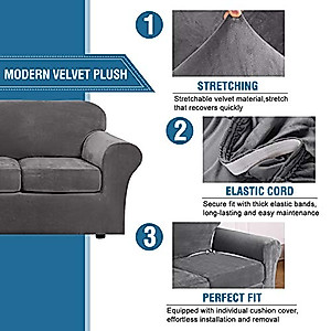 H.VERSAILTEX Rich Velvet Stretch 2 Piece Chair Cover Chair Slipcover Sofa Cover Furniture Protector Couch Soft with Elastic Bottom Chair Couch Cover with Arms, Machine Washable(Chair,Grey)