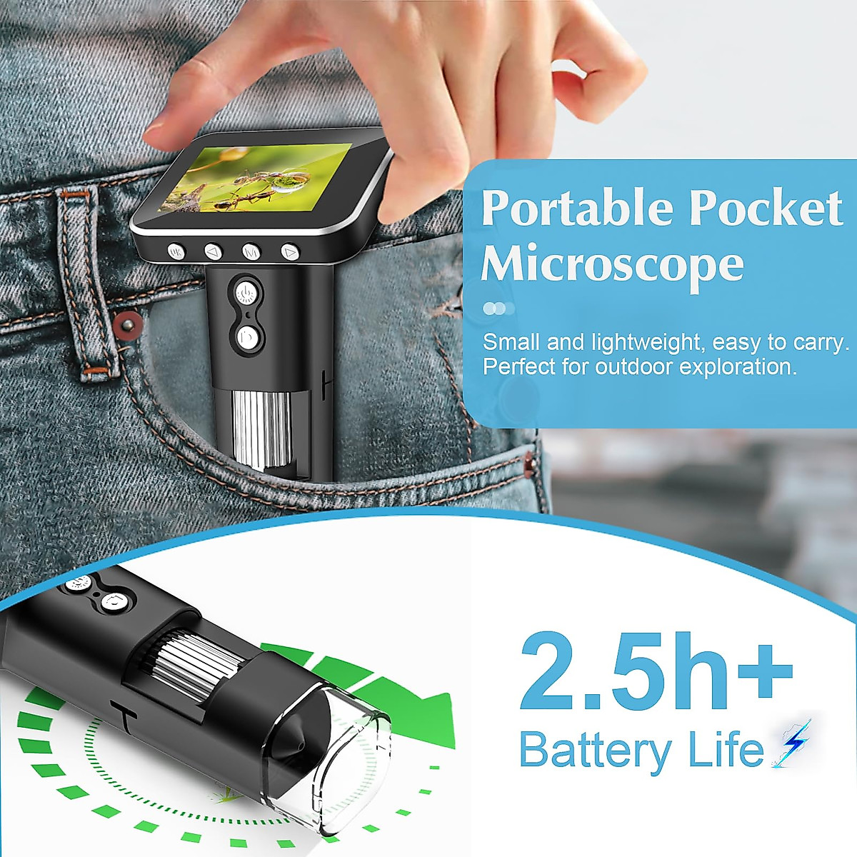 Kuaguozhe Handheld Digital Microscope with 900x Magnification, 2.4" LCD Screen, LED Light, Black Glass Body, USB Cable, 32GB SD Card and Sample Slides